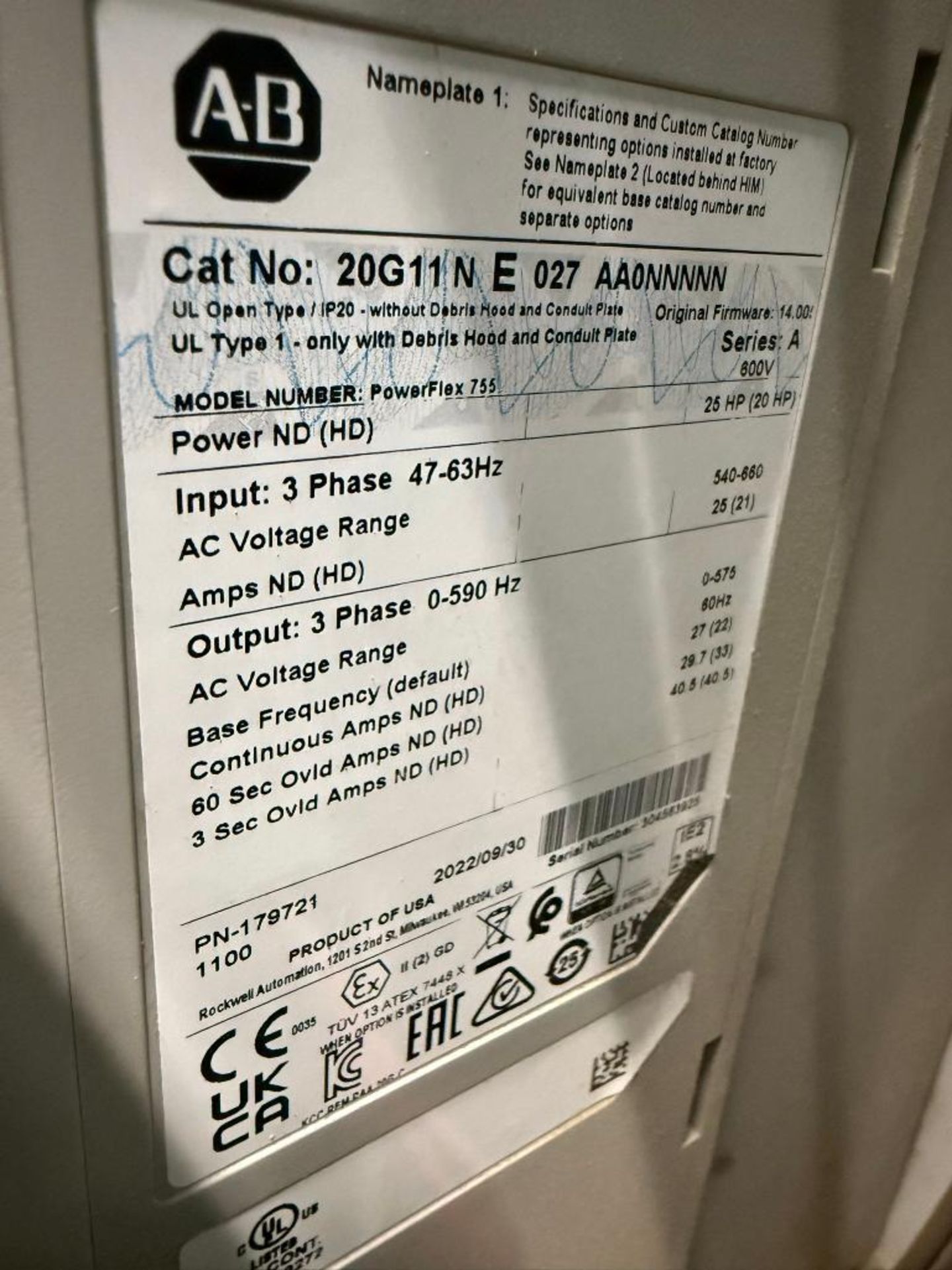 25 HP ALLEN BRADLEY POWERFLEX 755 DRIVE CAT. 20G11NE027AA0NNNNN 600V ...