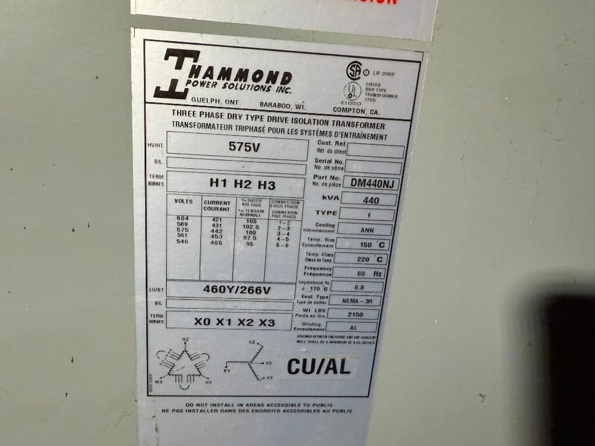 HAMMOND POWER SOLUTIONS DM440NJ HV575V/LV460Y/266V DRY TYPE ISOLATION ...