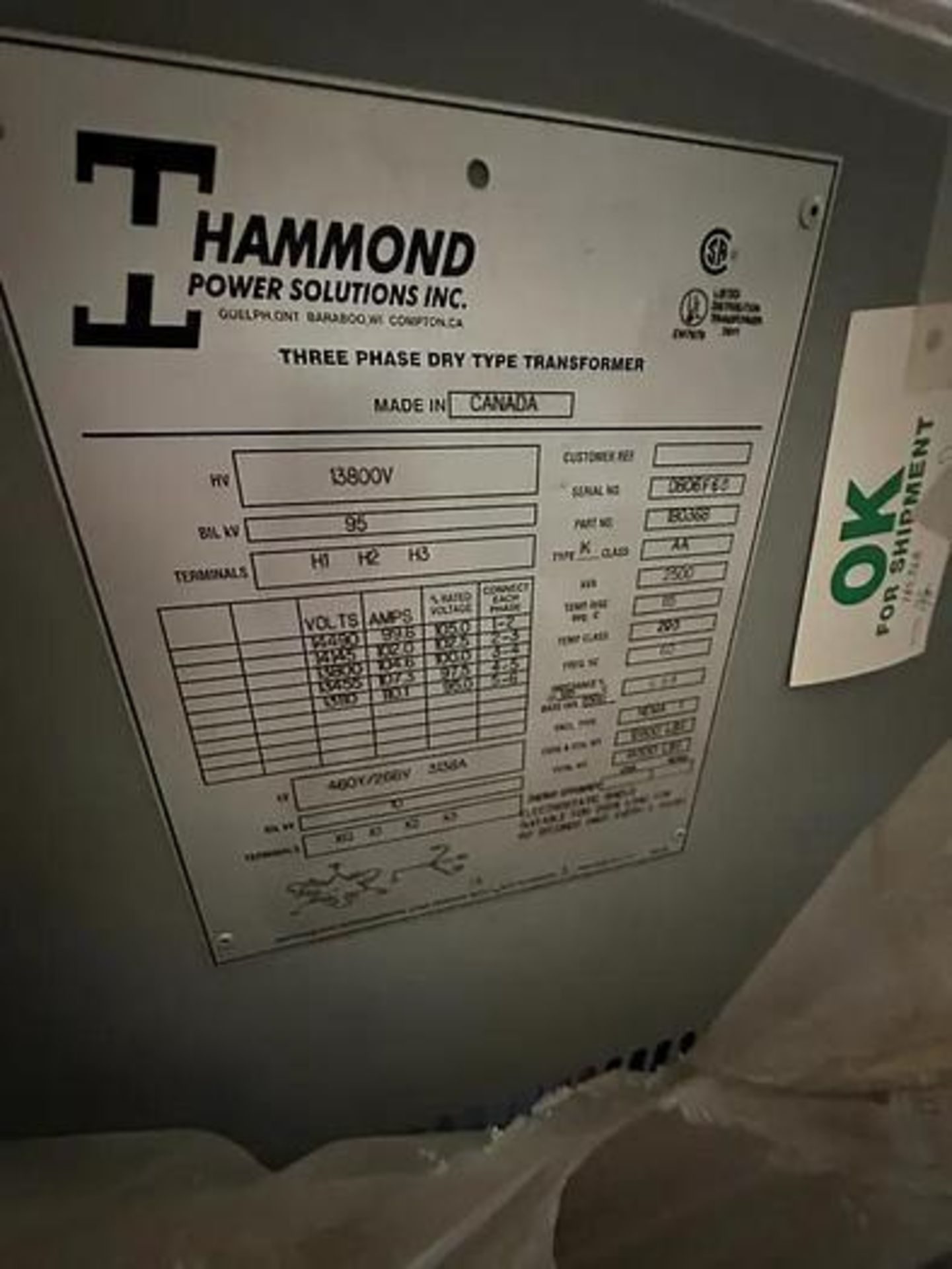 2500kva HAMMOND POWER SOLUTIONS INC. REBUILT DRY TRANSFORMER HV 13800V ...