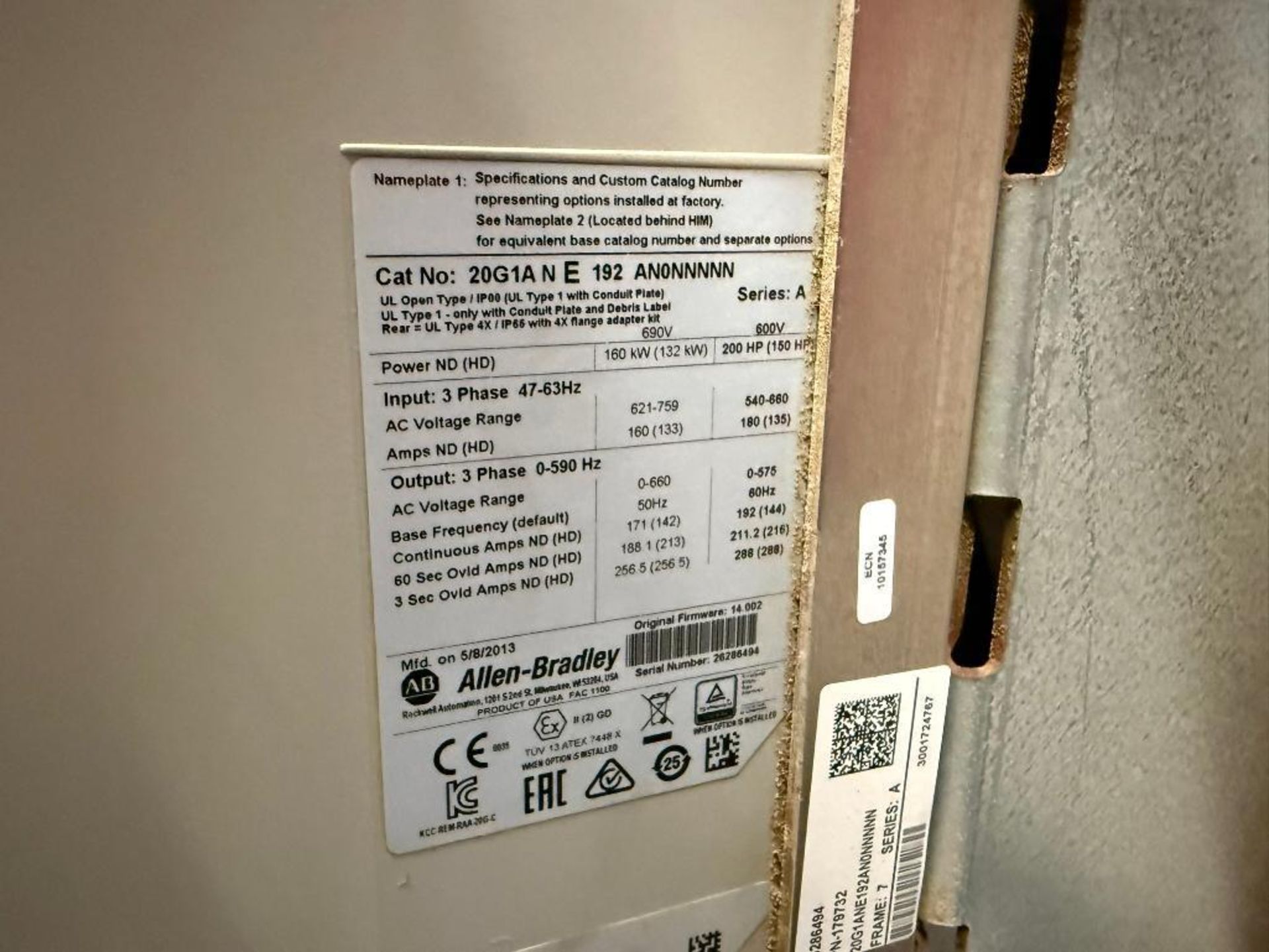200 HP ALLEN BRADLEY POWERFLEX 755 DRIVE CAT. 20G1ANE192AN0NNNNN 600V ...