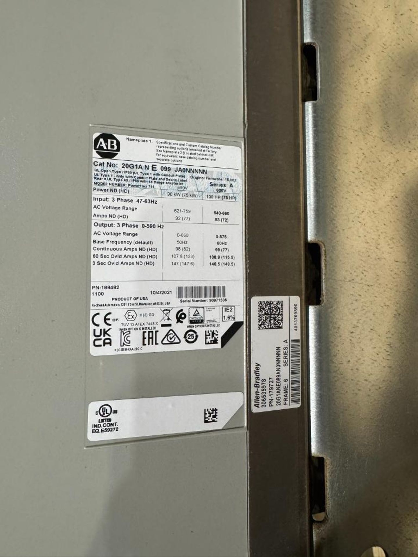 100 HP ALLEN BRADLEY POWERFLEX 755 DRIVE CAT. 20G1ANE099JN0NNNNN 600V ...