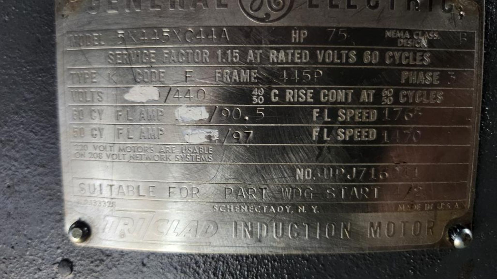 75 HP GENERAL ELECTRIC TRI CLAD MOTOR - Simple Rigging/Loading Fee: $50