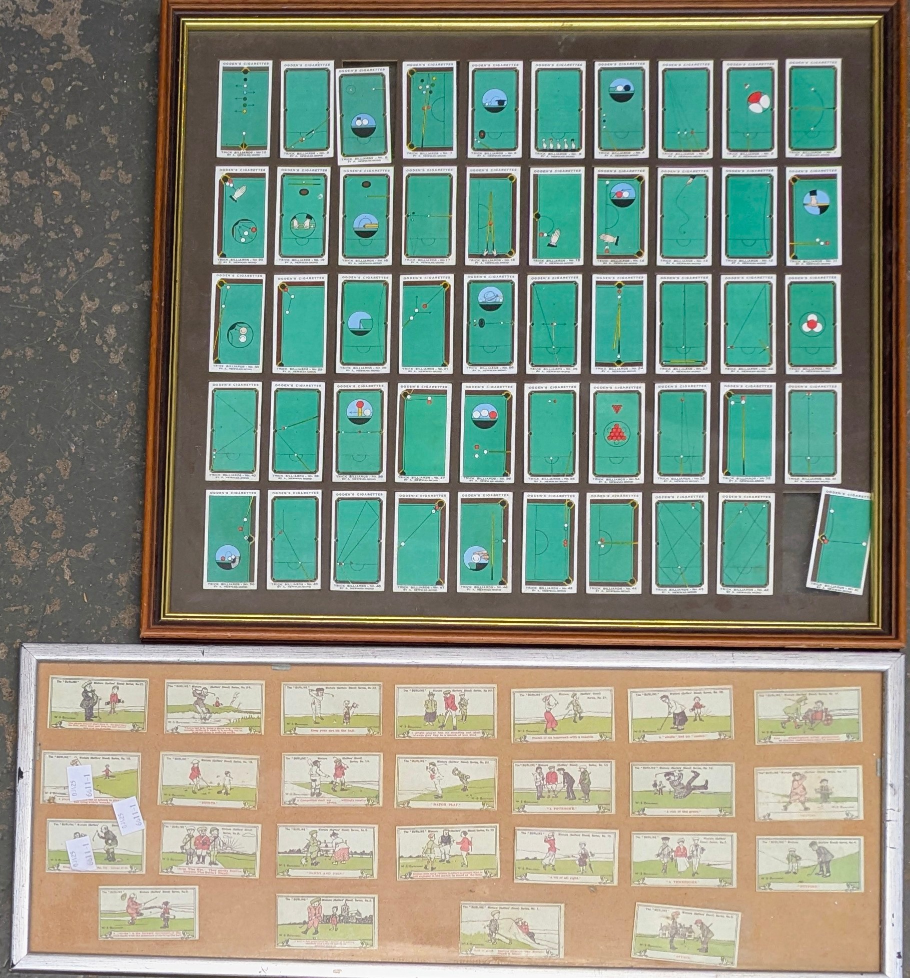 Two sets of framed and glazed cigarette cards, Burline Mixture (Golfers ...