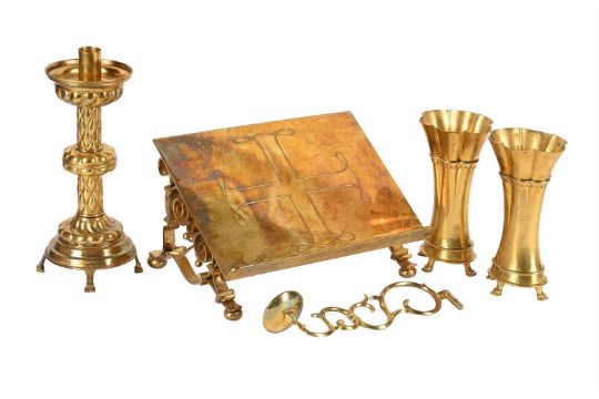 A collection of early 20th century brass ecclesiastical alter items To ...