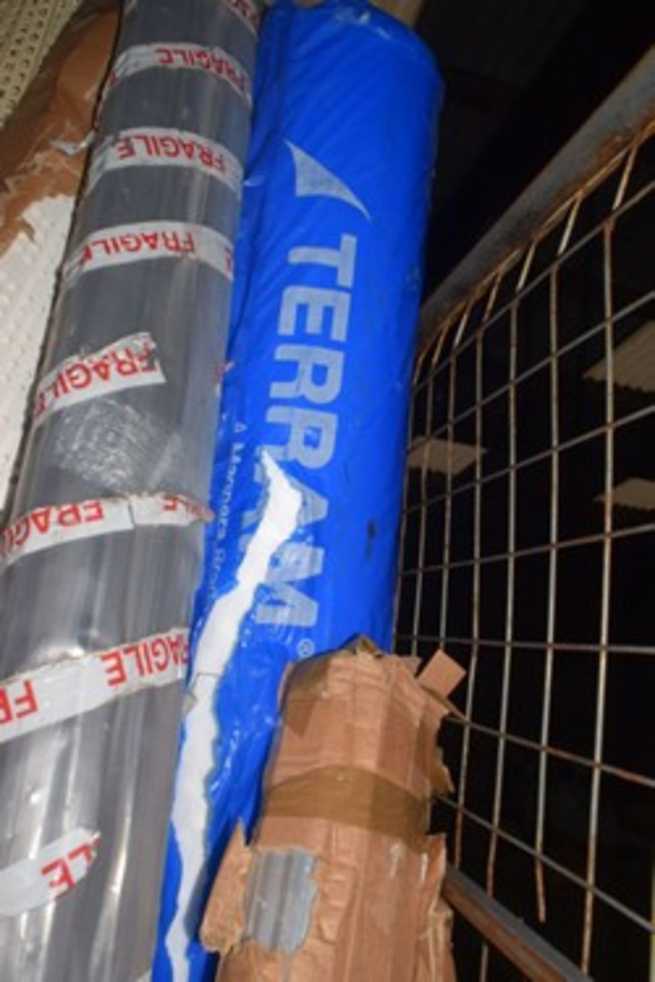 A cage of building consumables including 1 x Terram membrane, Storm ...