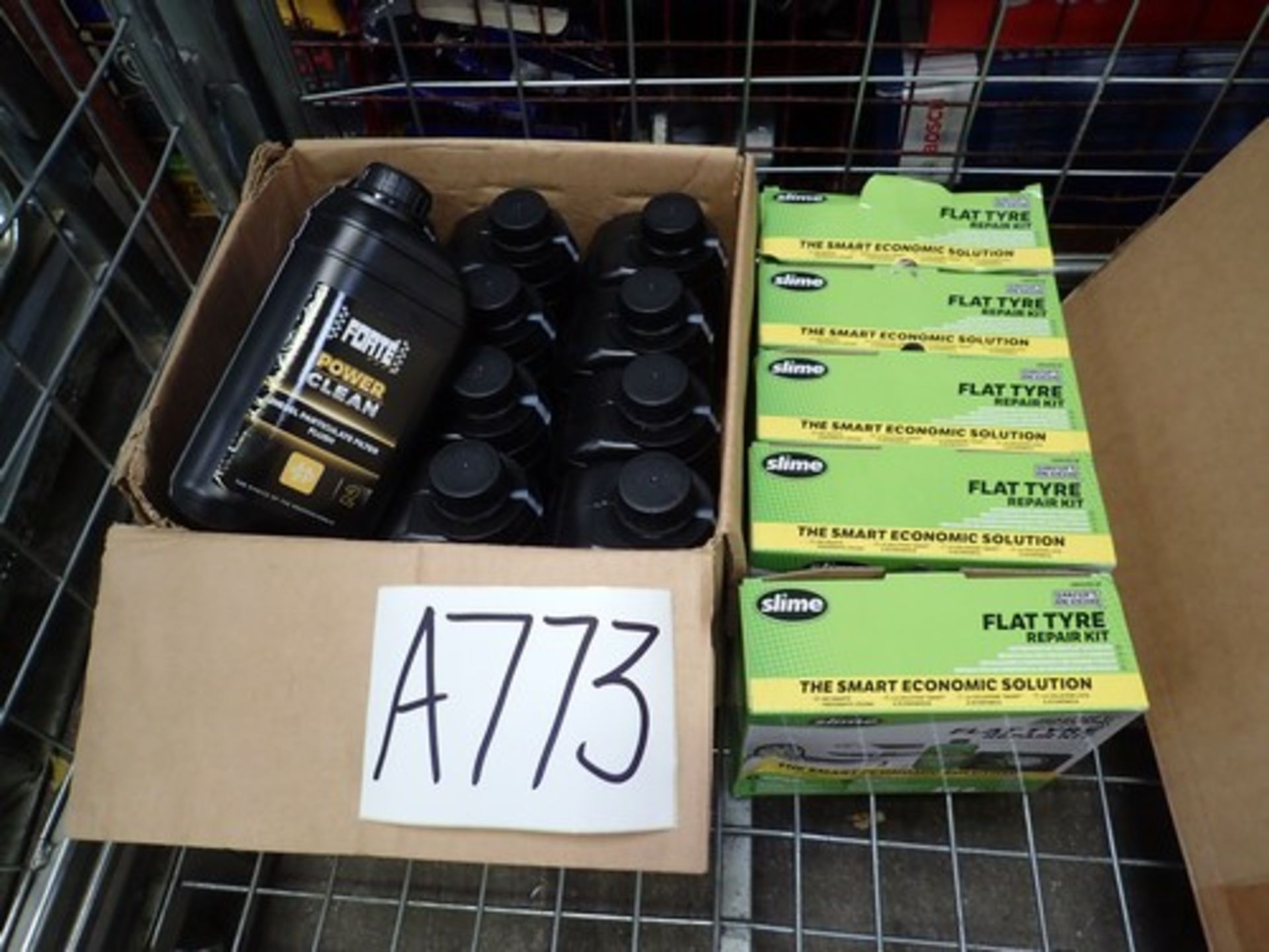 A mixed automotive consumables lot, including 5 x Slime 473ml flat tyre ...