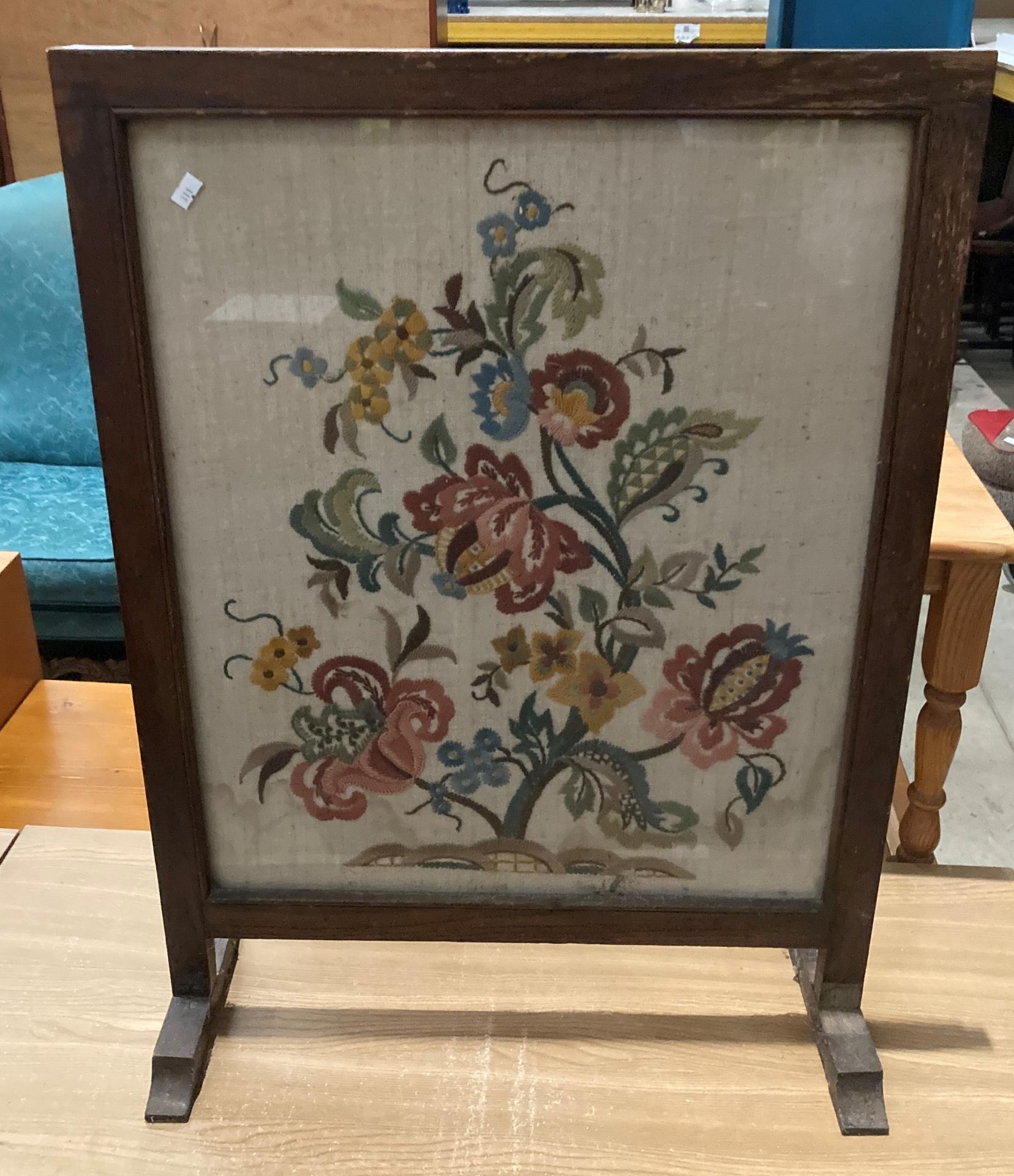 A vintage framed tapestry fire screen in an oak frame and glass front ...