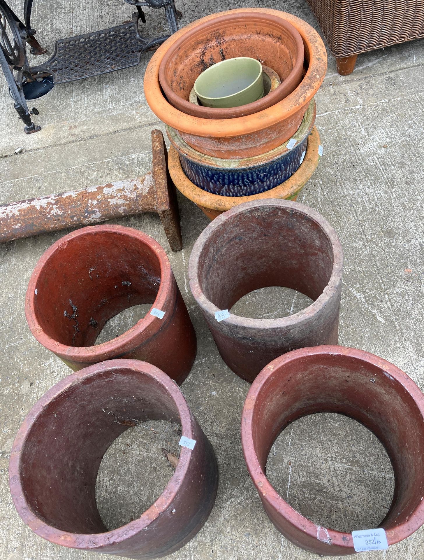 Four circular salt glazed chimney pots/planters, each 25cm diameter x ...