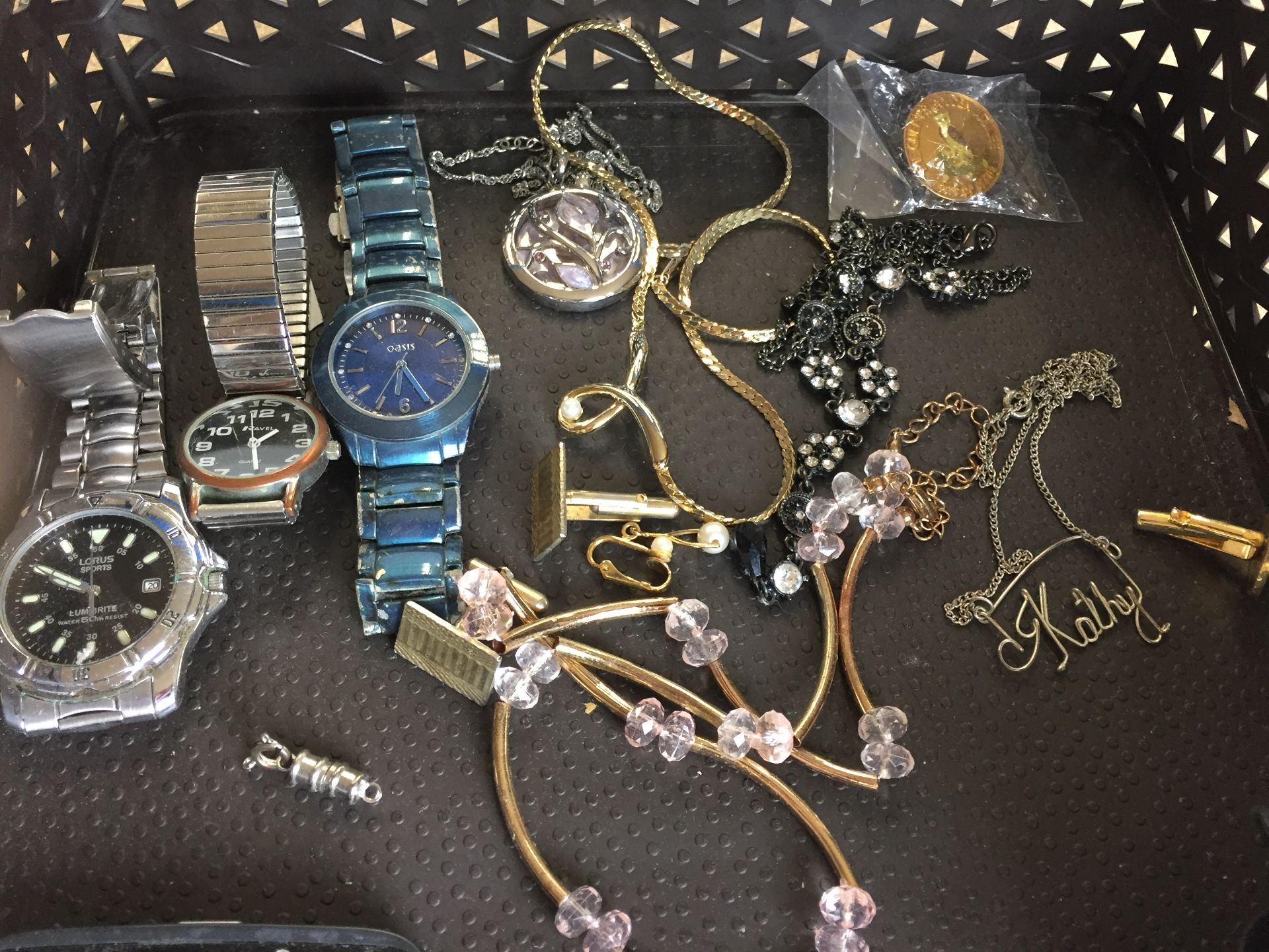 Thirteen items; including costume jewellery, three watches by Oasis ...