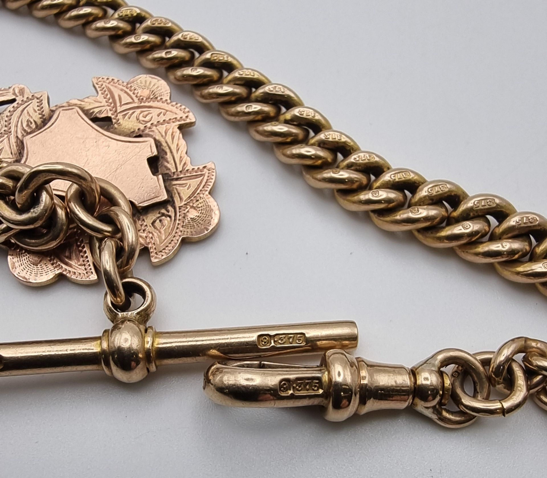 A 9ct gold 375 Albert chain with a 9ct gold 375 medal, total ...