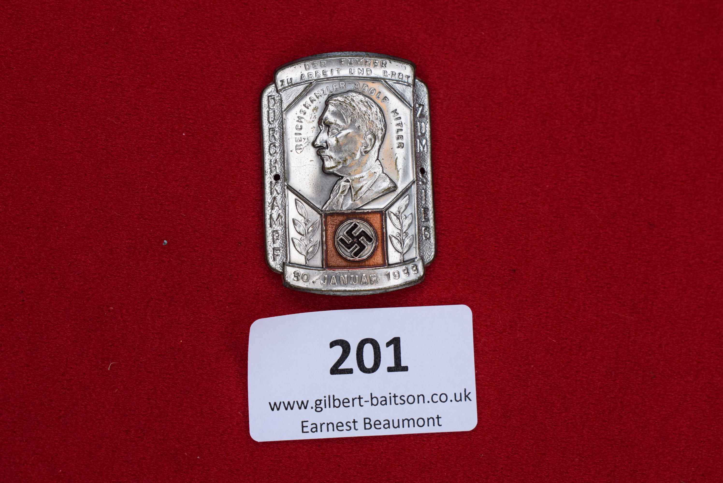 Adolf Hitler Commemorative Badge, silvered rectangular badge with ...