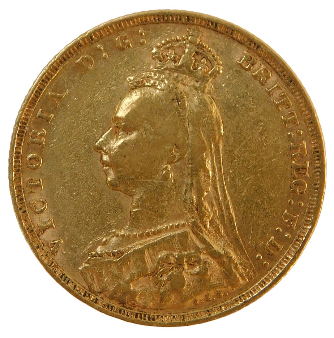 A Queen Victoria veiled head gold sovereign, 1891, 8g.