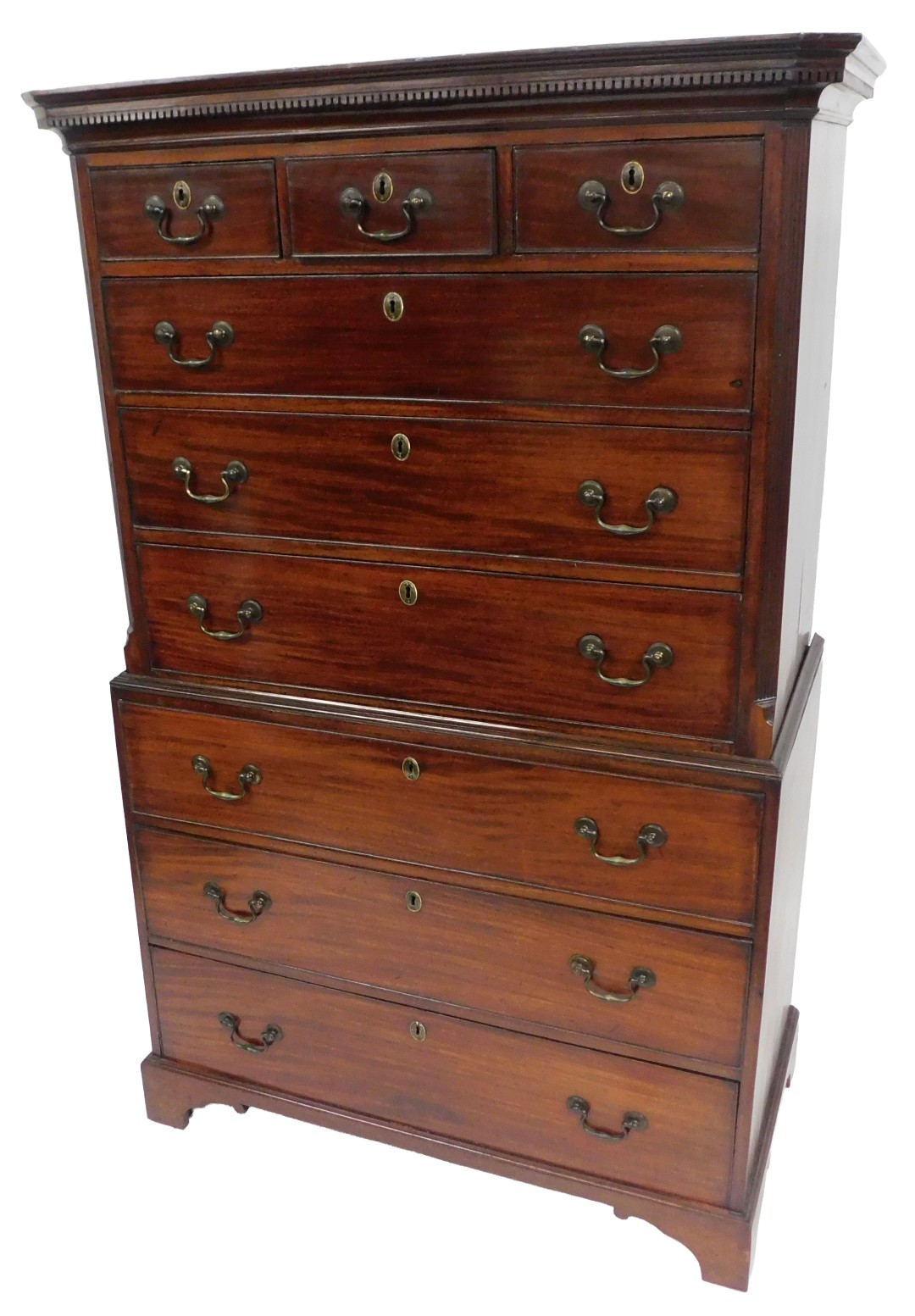 A George III mahogany chest on chest, with a dentil moulding pediment ...
