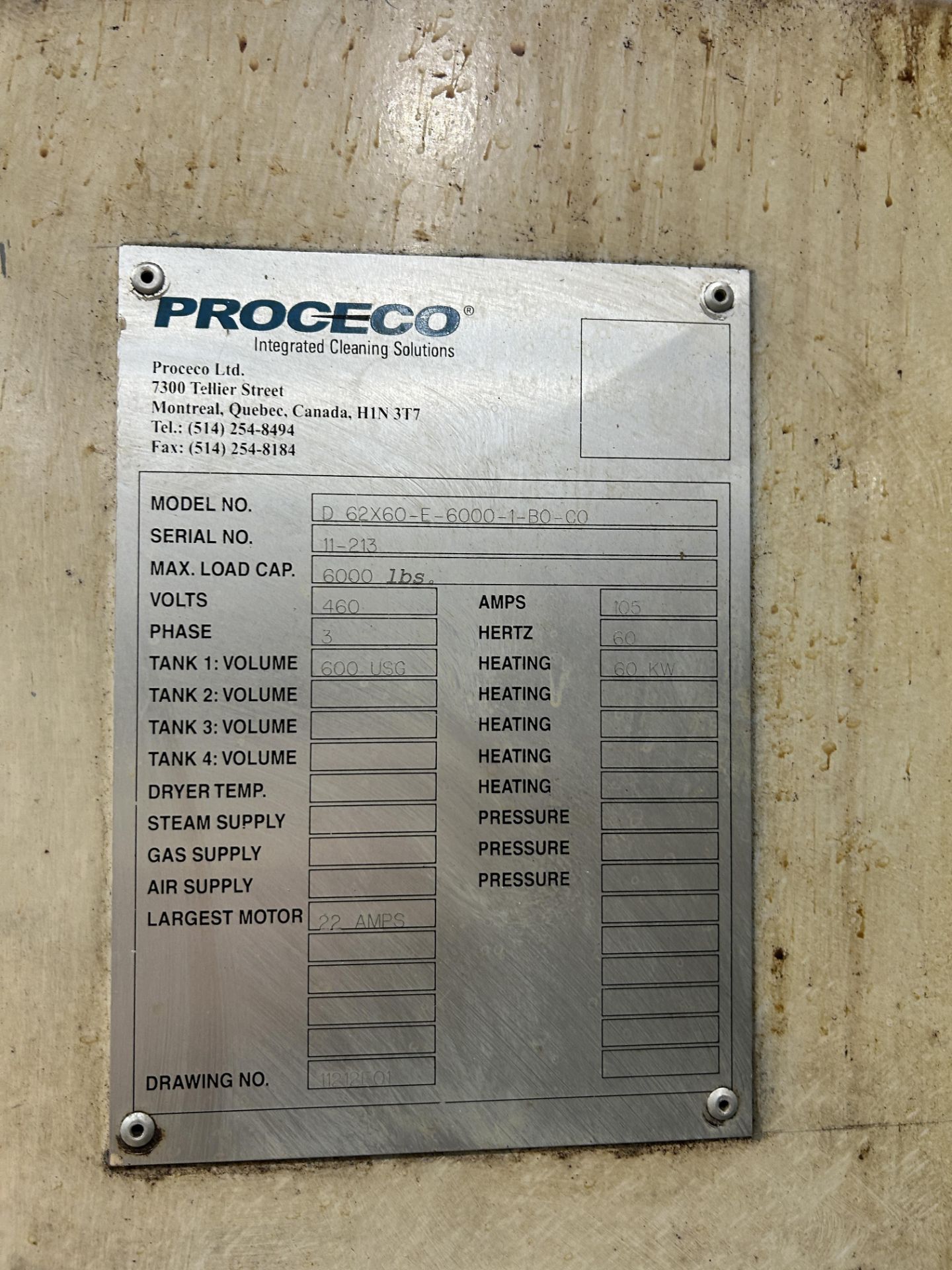 Proceco D62X60-E-6000-1-BO-CO Aqueous Washer, S/N 11-213 Allen Bradley ...