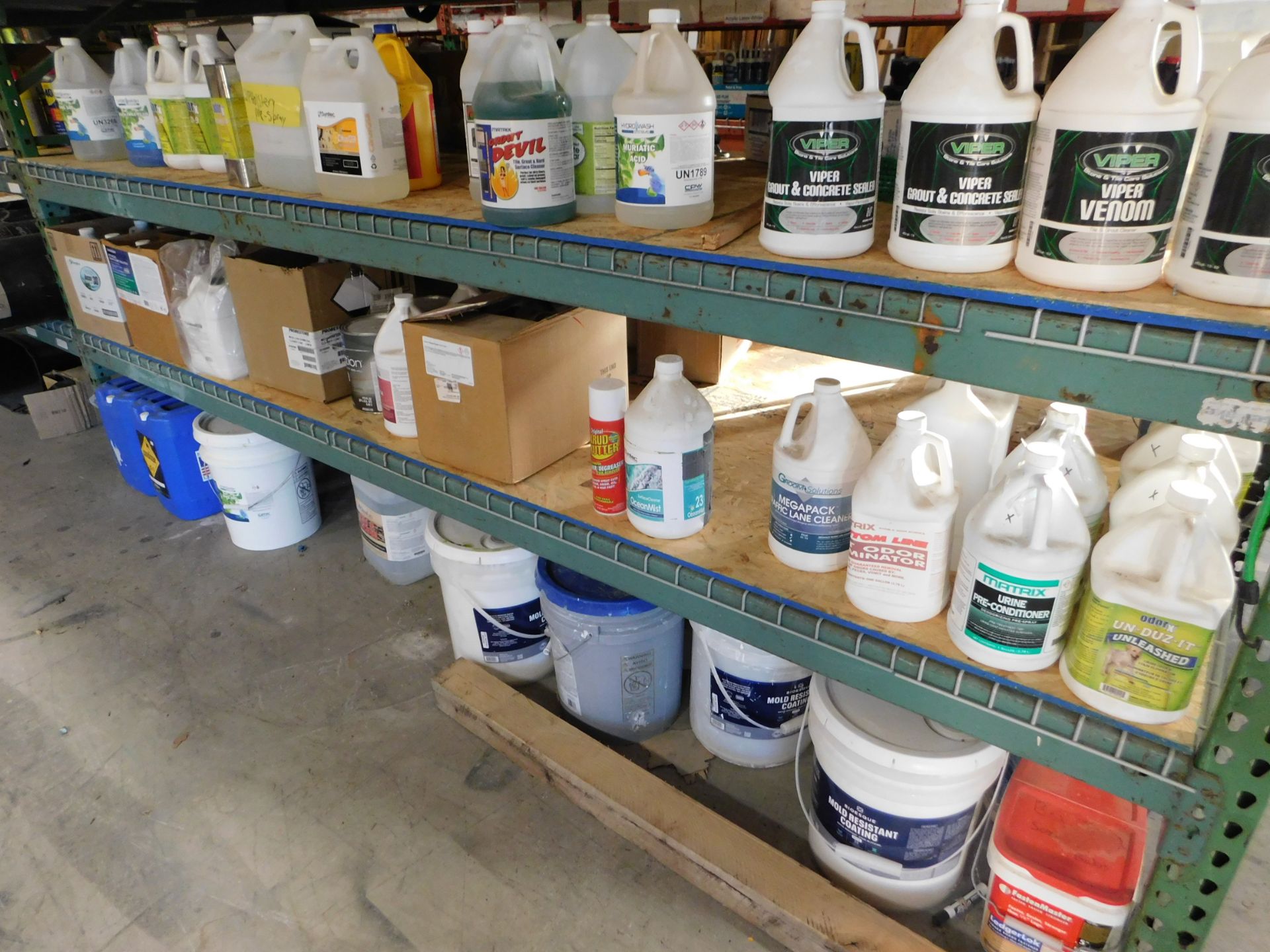 Contents of One Section of Pallet Racking, Chemicals, Sprayer, Locks, Misc.