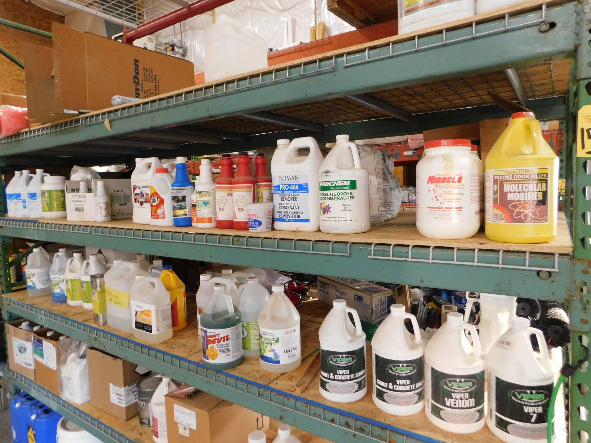 Contents of One Section of Pallet Racking, Chemicals, Sprayer, Locks, Misc.