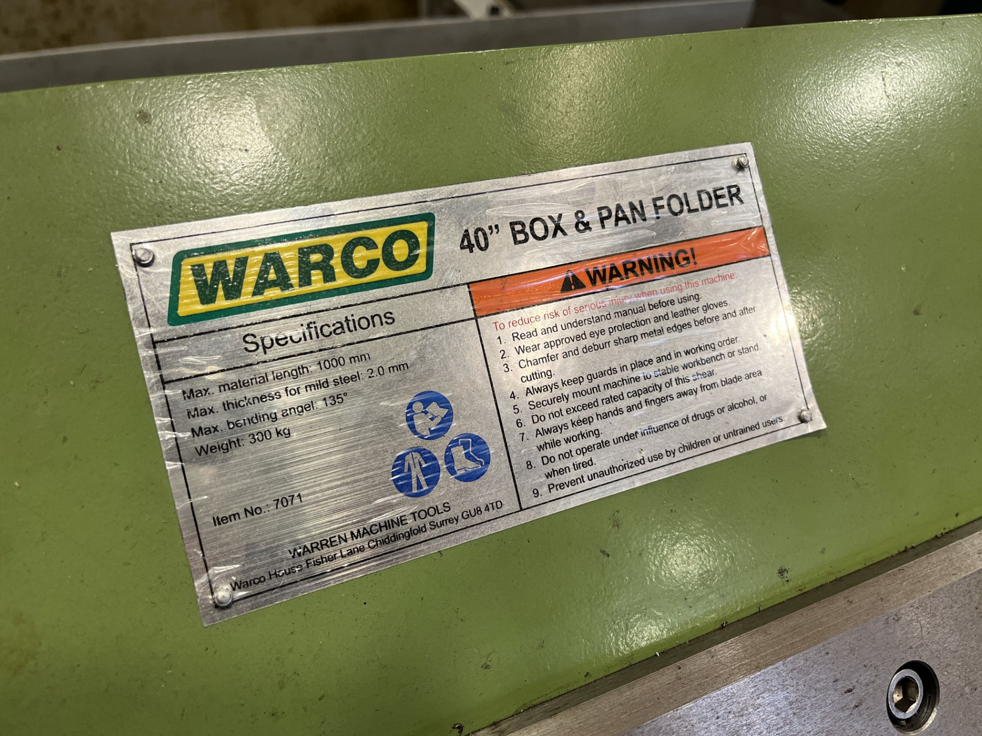 Warco 40" Box & Pan Folder This lot is suitable for the following ...
