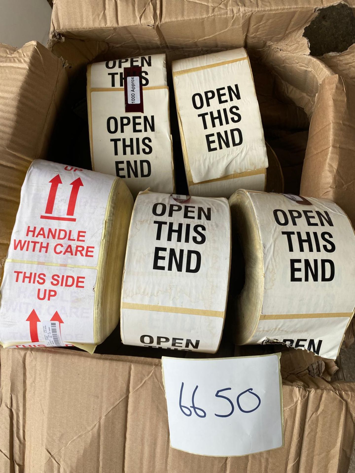 8,000 OPEN THIS END STICKERS, 1,000 THIS SIDE UP STICKERS