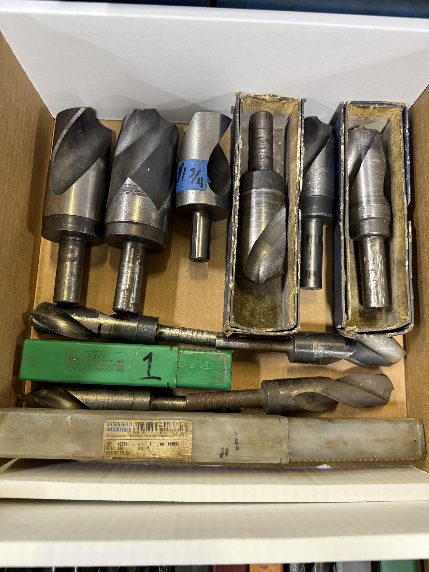 Box of Large Drills 1 3/4", 1", 2" & Others