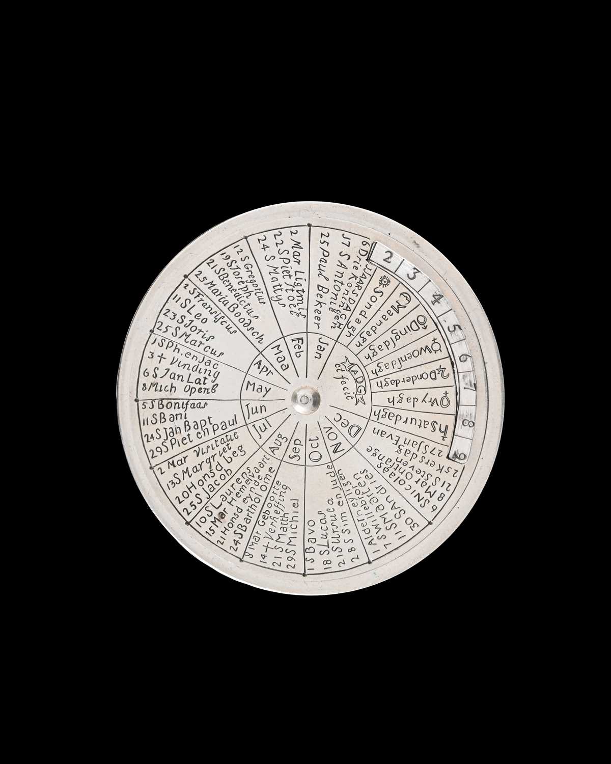 A Dutch silver pocket perpetual calendar, with a rotating inner disc ...