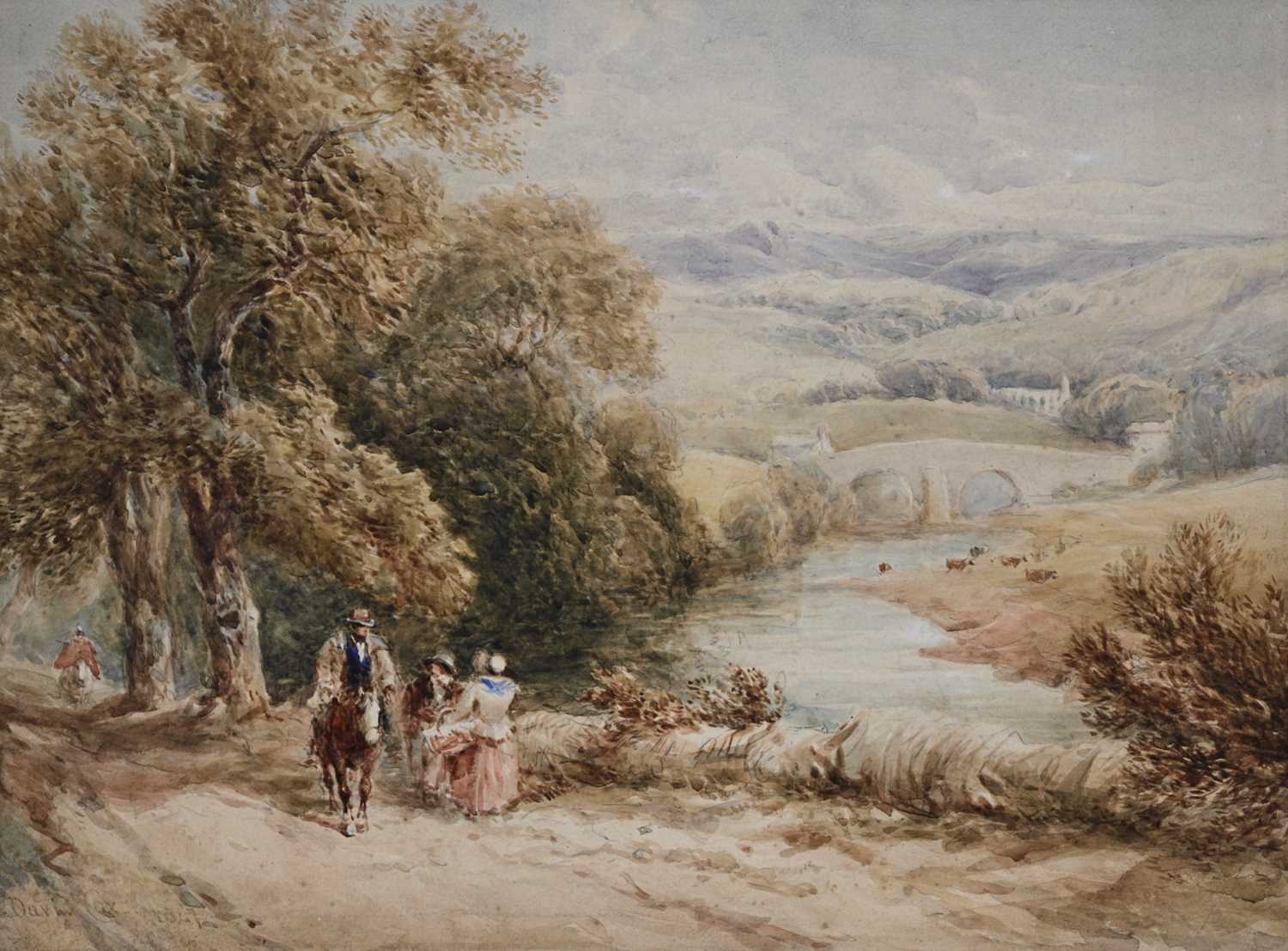 David Cox (British, 1783-1859), a river landscape with a man on a ...