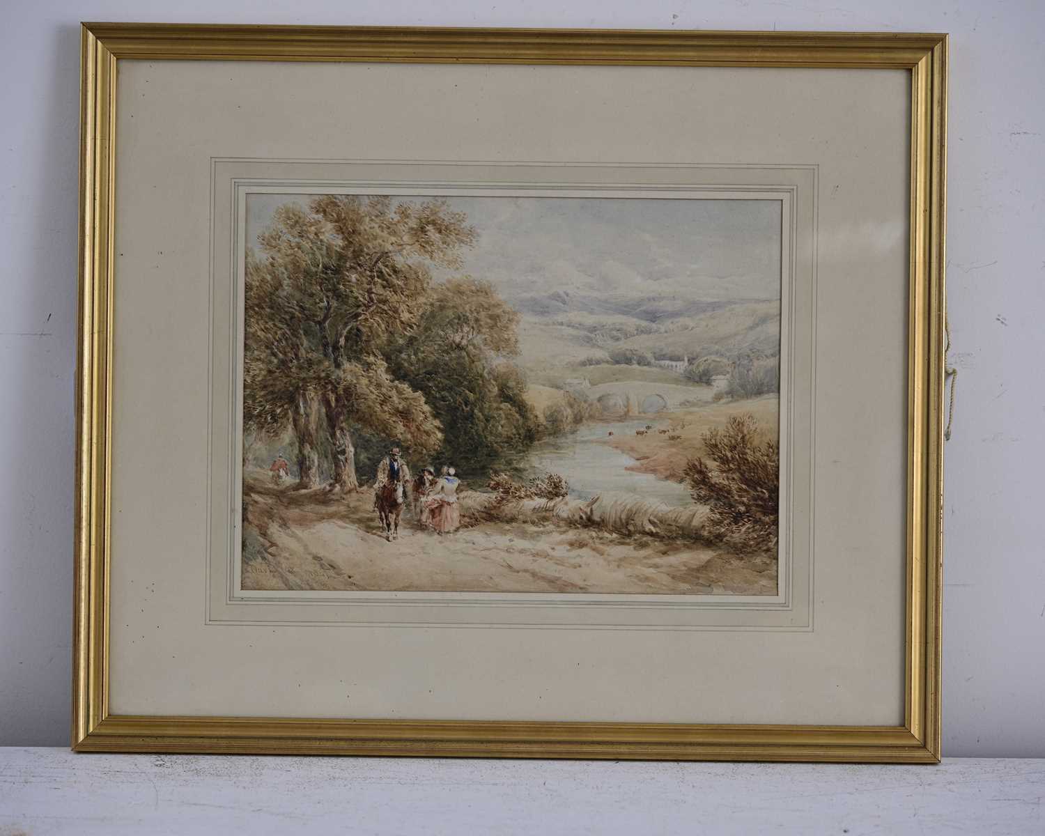 David Cox (British, 1783-1859), a river landscape with a man on a ...
