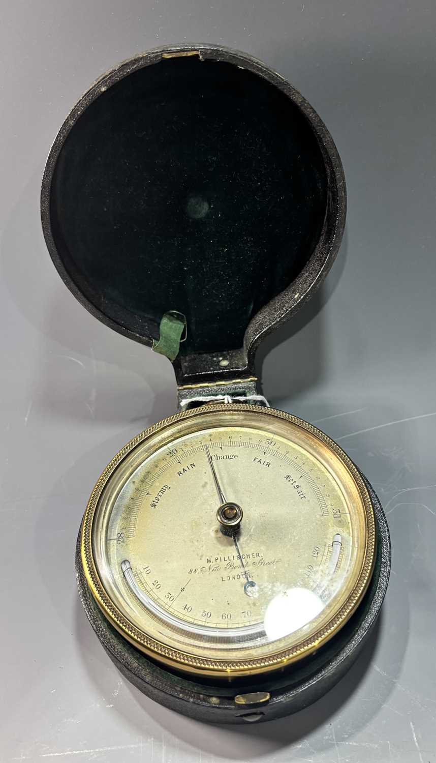 A Victorian brass portable barometer with thermometer, M Pillischer ...