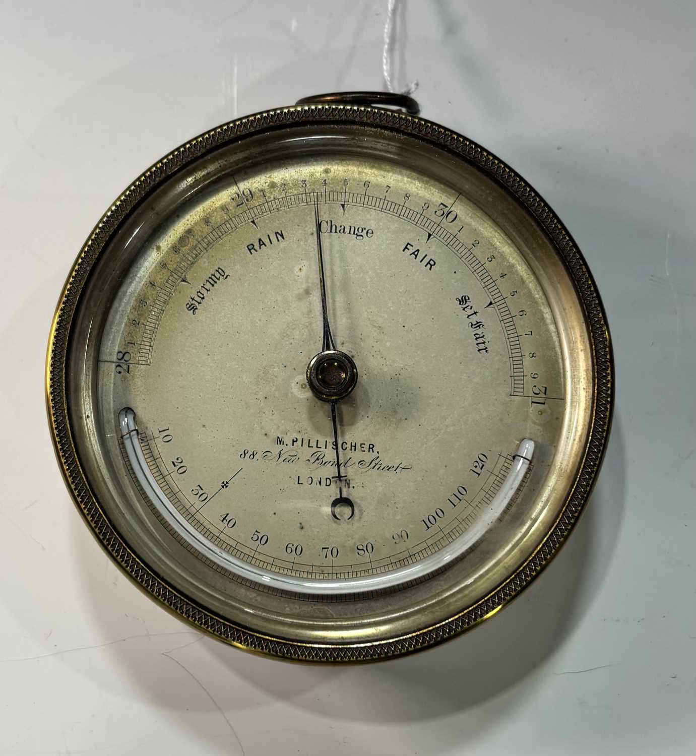 A Victorian brass portable barometer with thermometer, M Pillischer ...