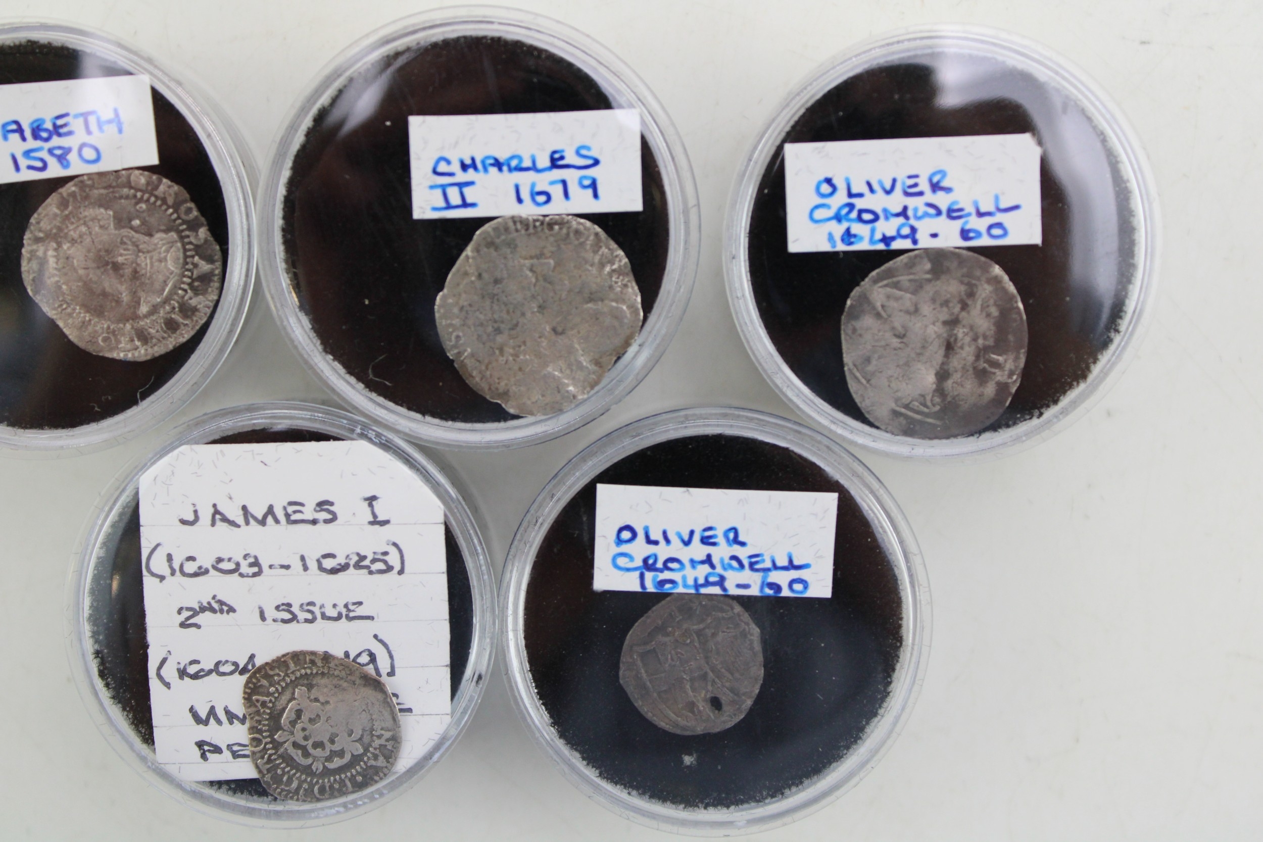 Hammered coins from Elizabeth I, James I, Oliver Cromwell, & Charles II (5)