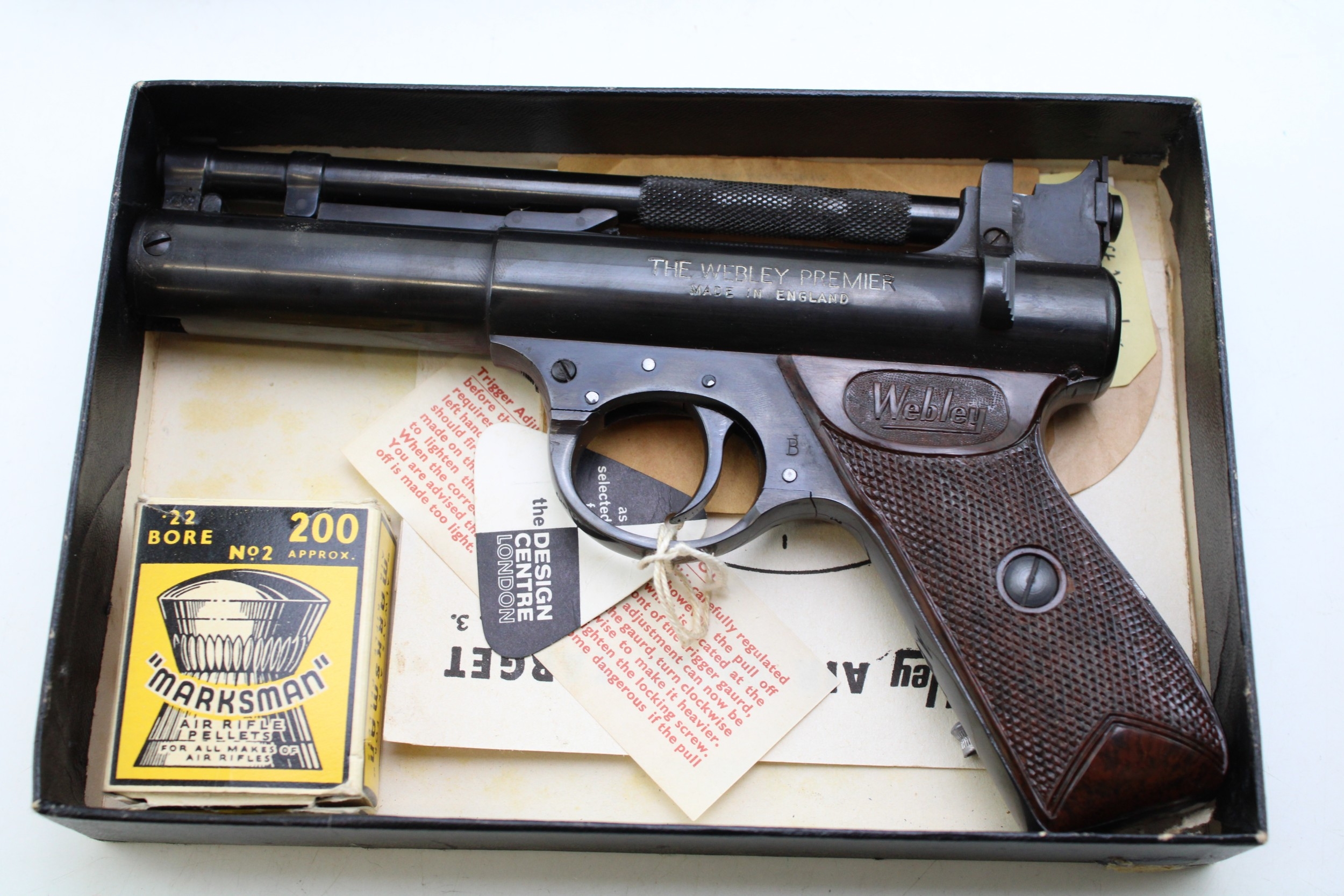 Boxed Webley & Scott 'Premier' .22 No. 2 Bore air pistol, batch no. 129 ...