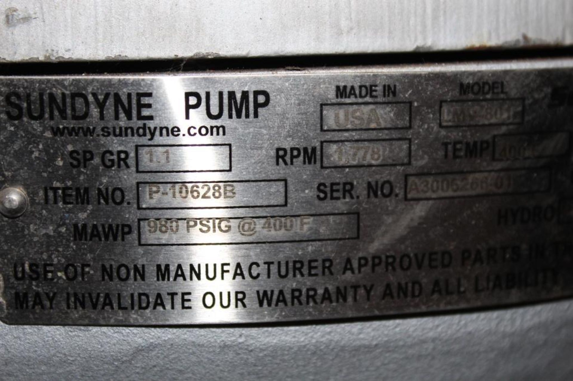 Sundyne Pump Model: LMV-801, Rpm:1778, Temperature: 400F, Item No.P ...