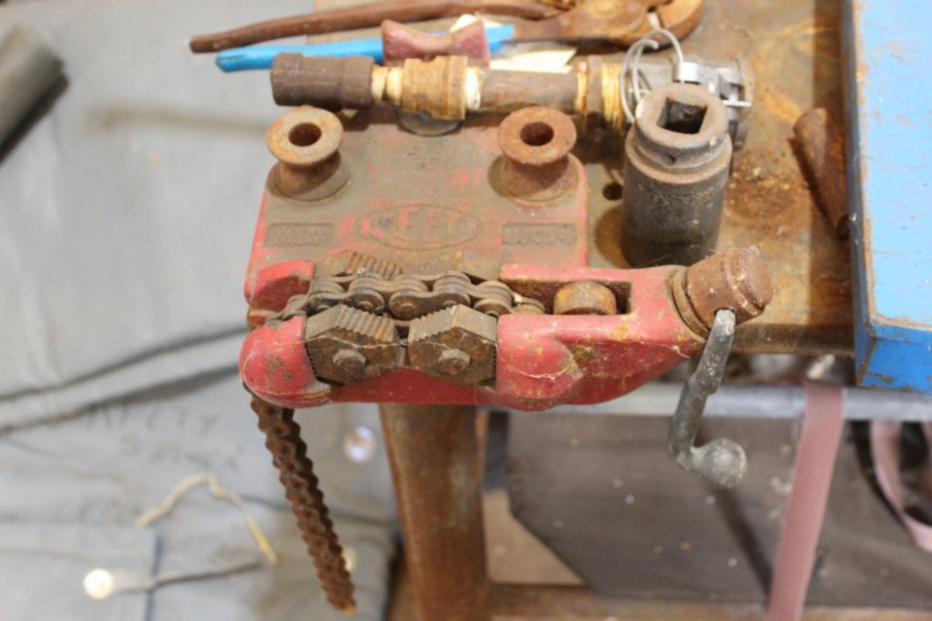 Steel Table with Contents- Vise, Sockets, Reed Chain Vise No. CV4