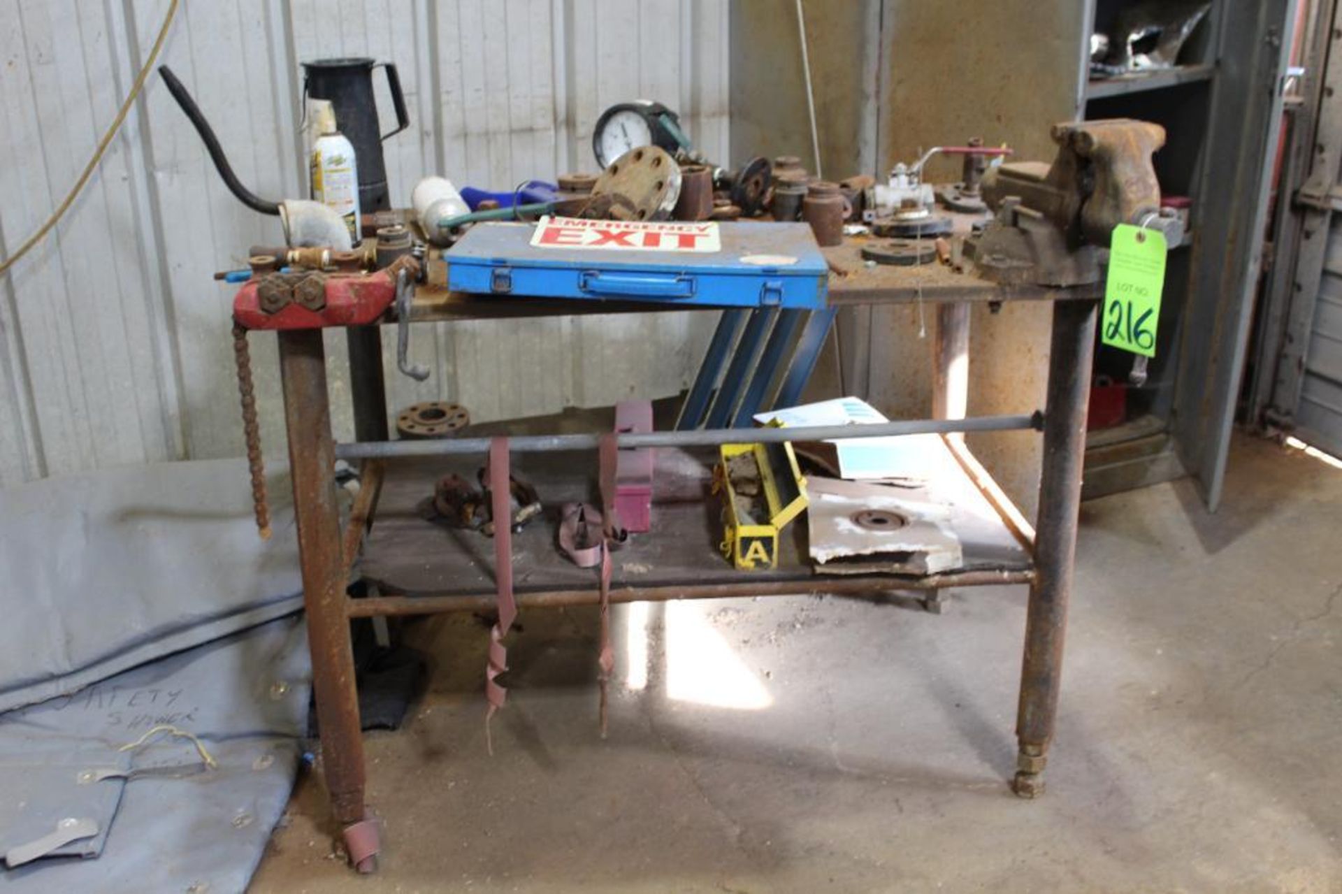 Steel Table with Contents- Vise, Sockets, Reed Chain Vise No. CV4