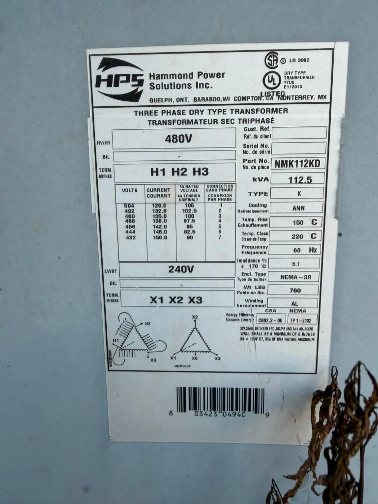 Hammond Power Part #NMK112KD Three Phase Dry Type Transformer, 112.5 ...