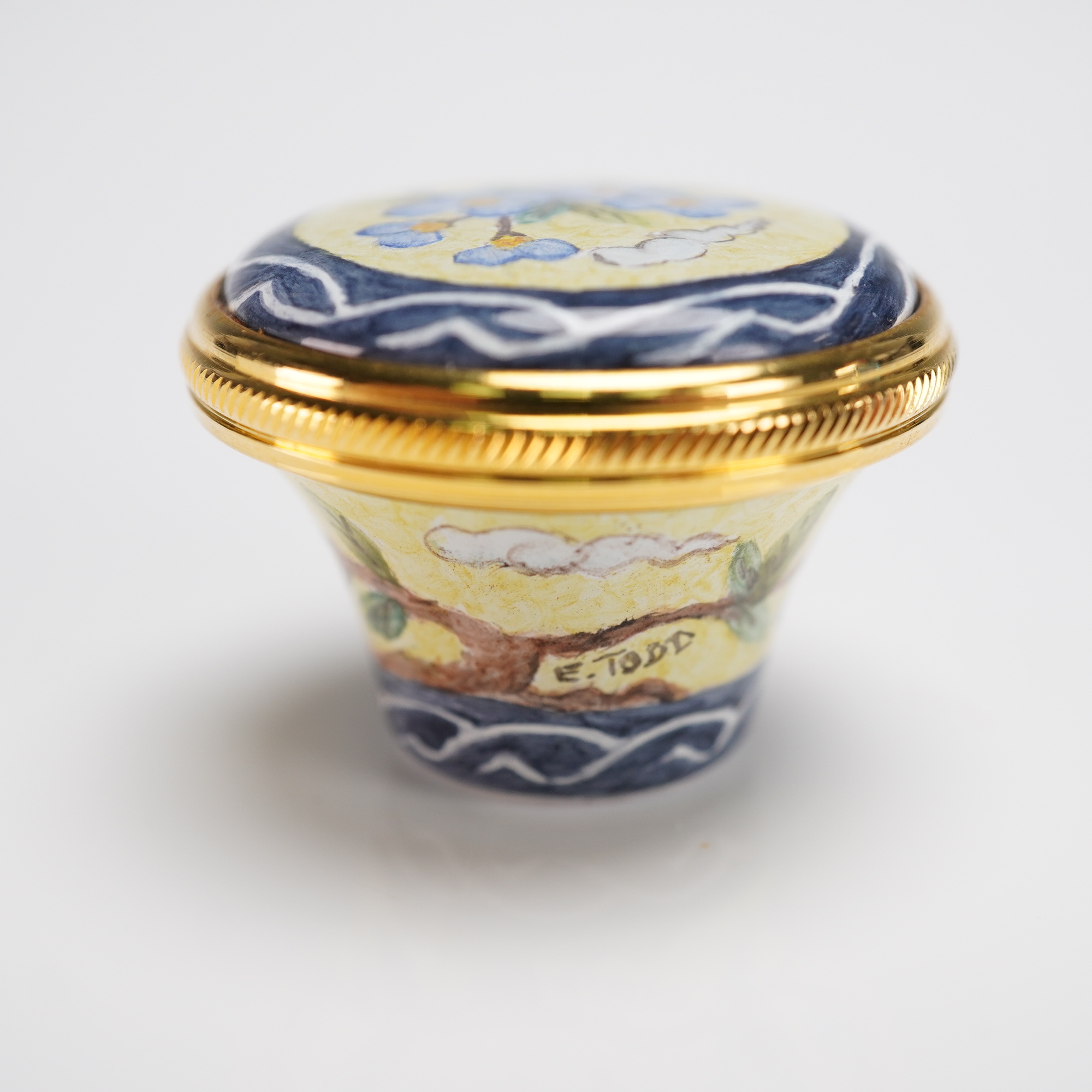 An Elliot Hall Enamels hand-painted bell-shaped box, signed E. Todd on ...