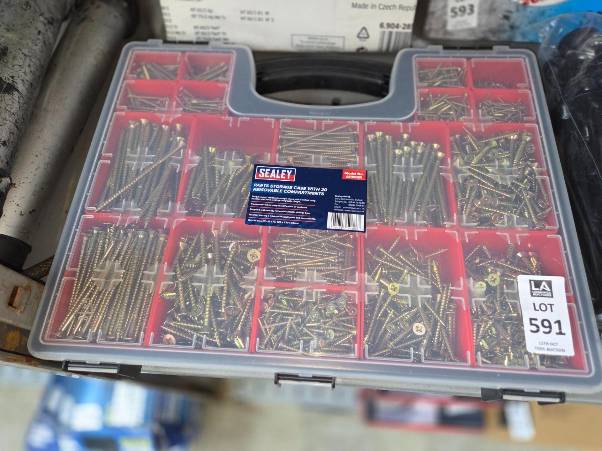 SEALEY PARTS STORAGE CASE W/ 20 COMPARTMENTS FILLED W/ ASSORTED SCREWS