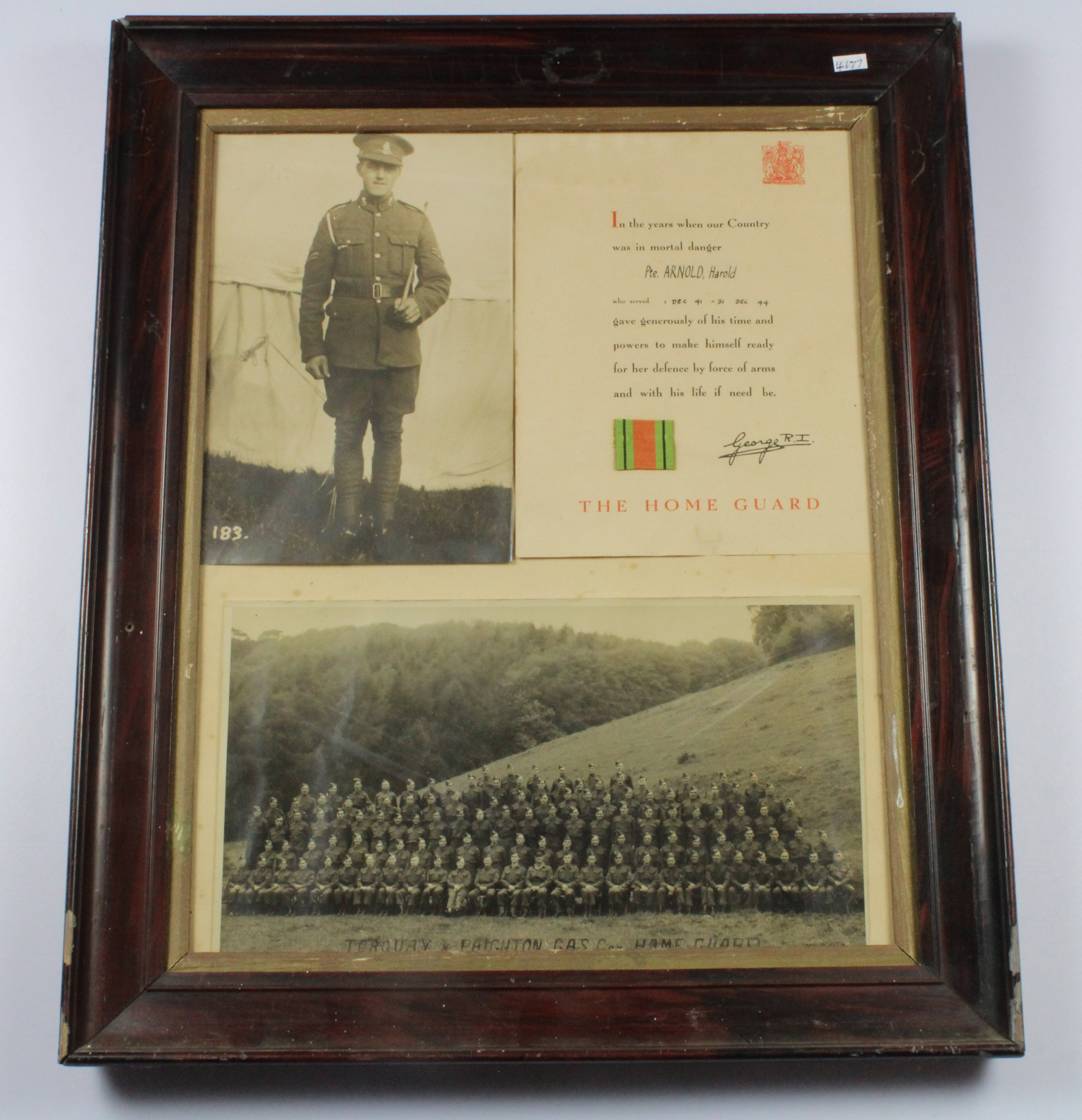 WW2 Home Guard service scroll, portrait photo and group photo to Harold ...