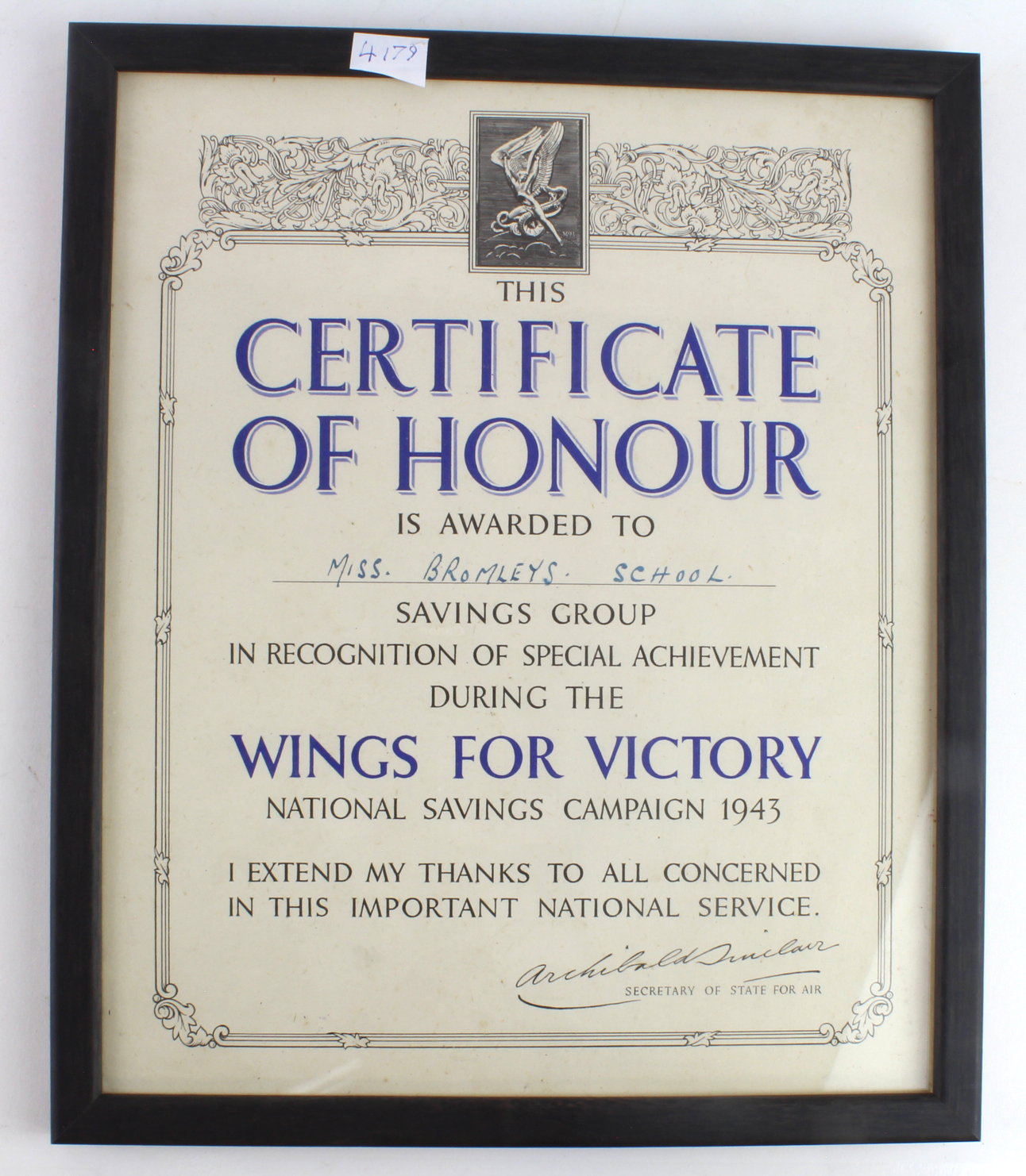 WW2 Victory for wings national savings campaign 1943 framed certificate ...