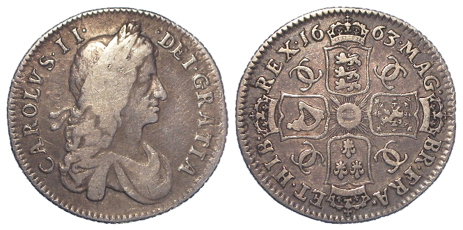 Shilling 1663, 1st bust variety, S.3372, Fine.