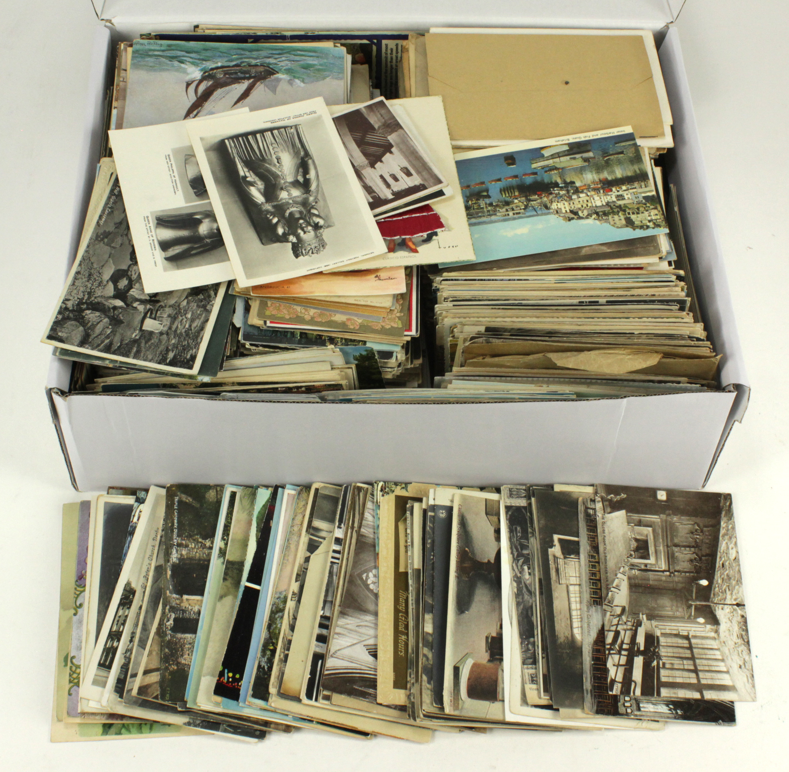 Large white box of unsorted postcards / ephemera (Qty)
