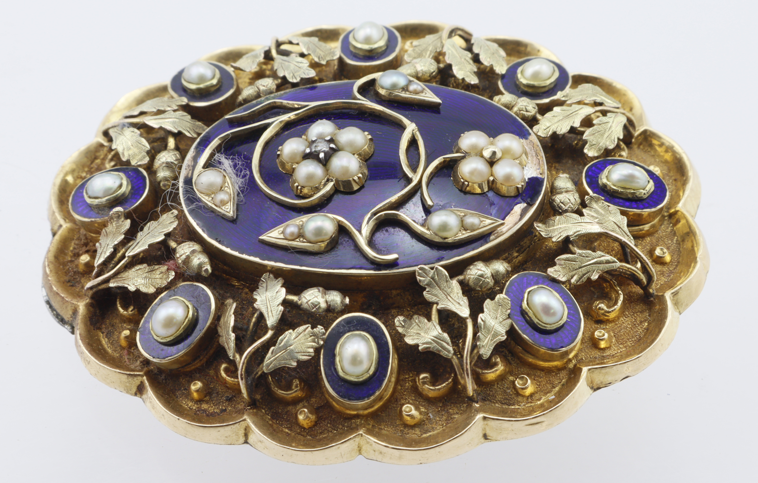 Yellow metal (tests approx. 9ct) enamel and pearl brooch, (some enamel ...