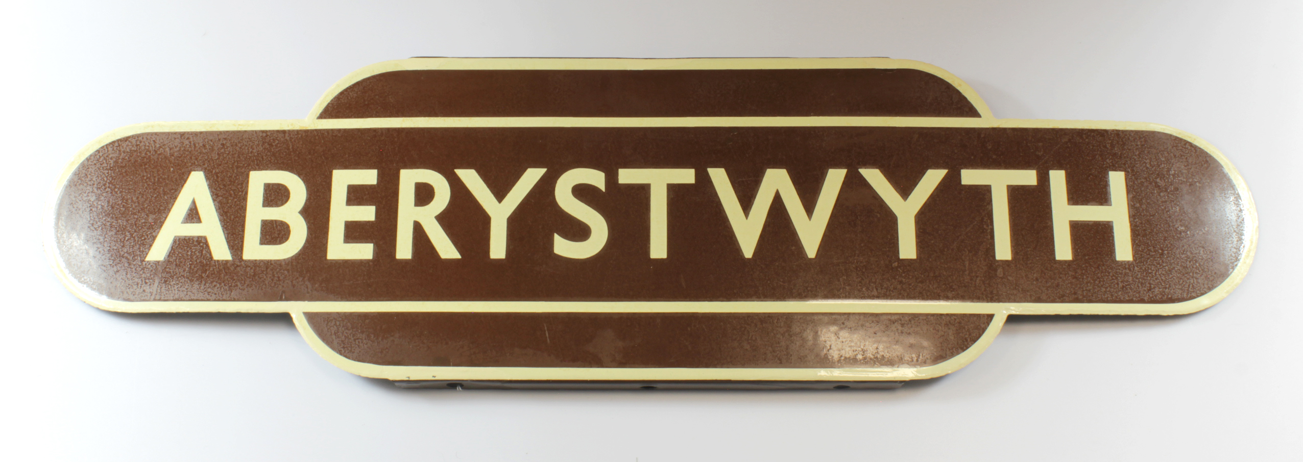 Station Totem Sign. An original brown and cream enamel 'Aberystwyth ...