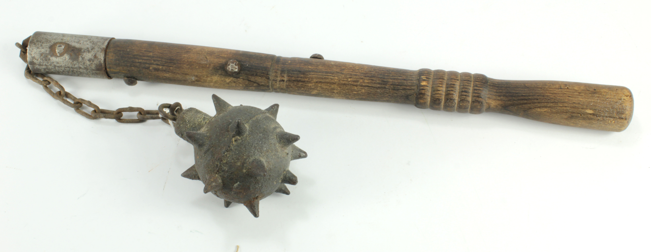WWI trench mace. Heavy spiked ball on chain attached to wodden grip ...