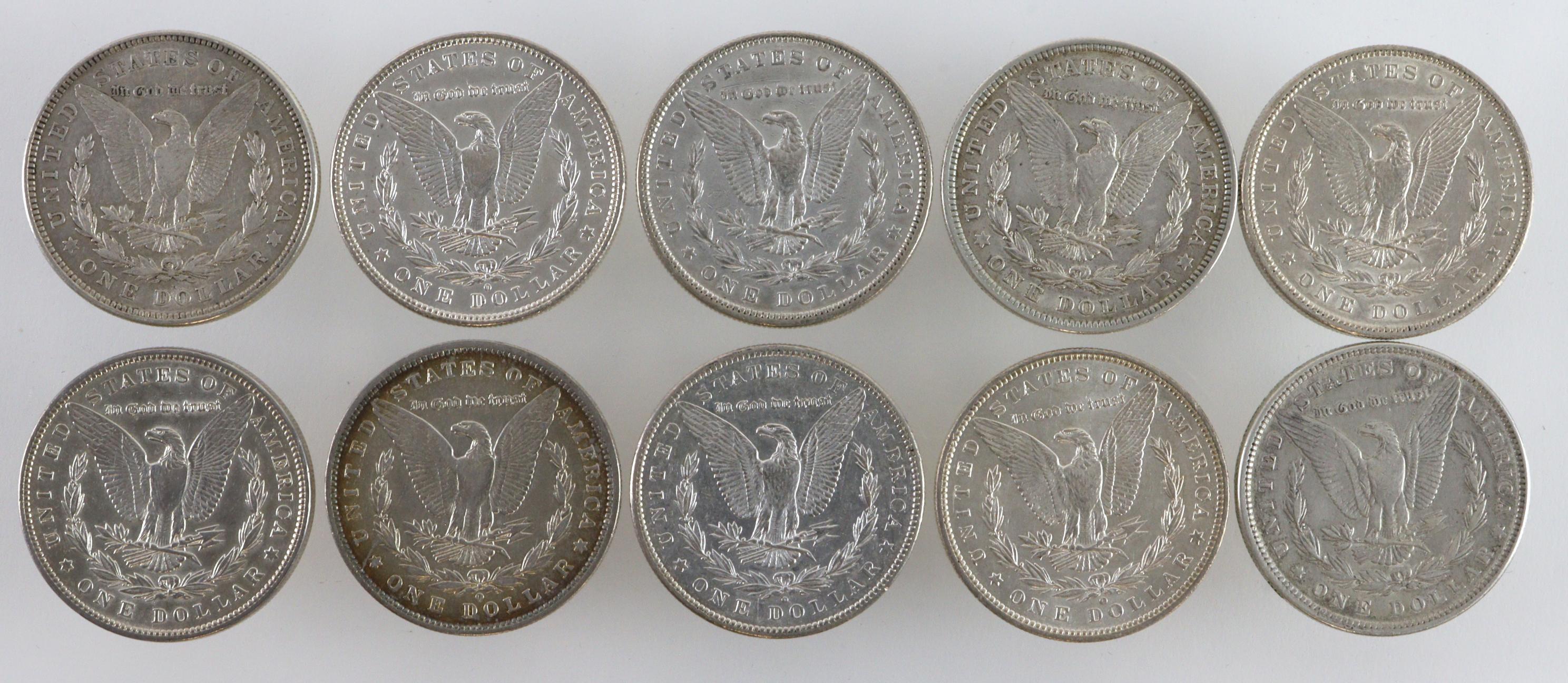 USA Silver Dollars (10) All "Morgan" types. VF - EF