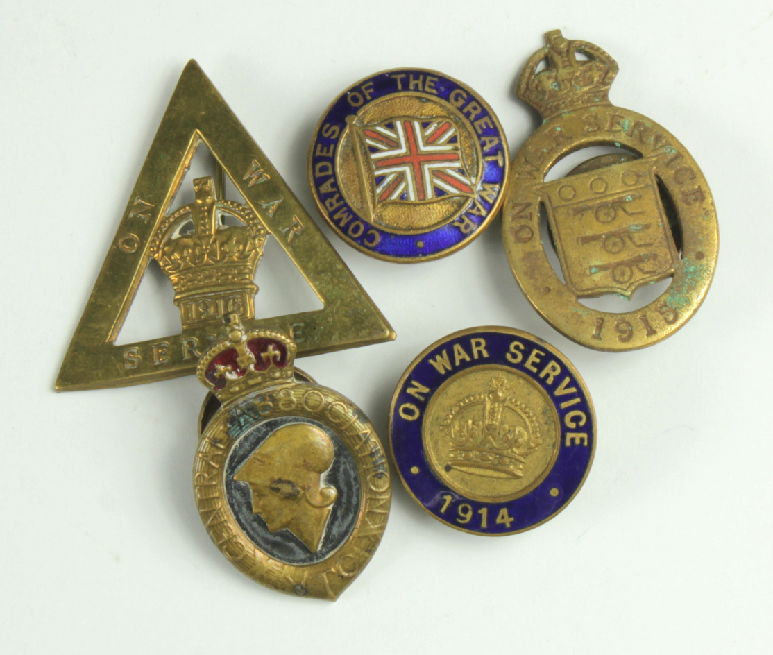 WW1 on war service badges including 1914, 1915, 1916, with VTC badge ...