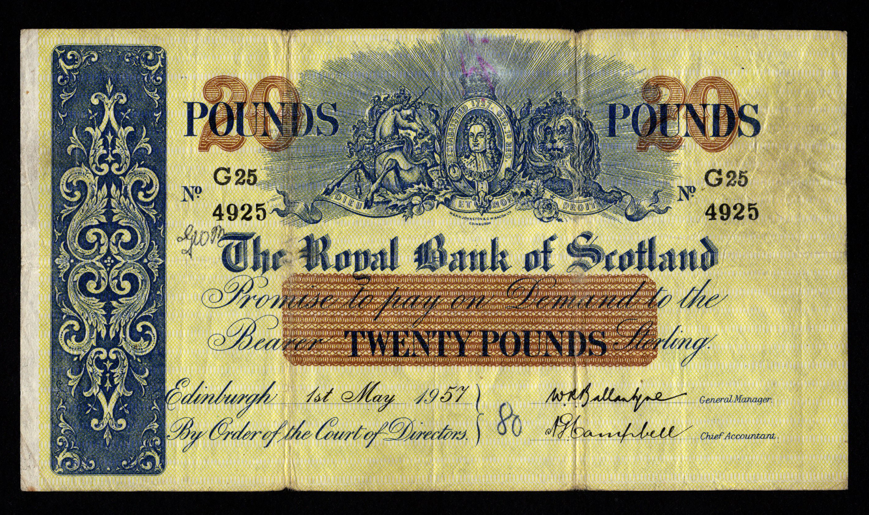 Scotland, Royal Bank of Scotland 20 Pounds dated 1st May 1957, signed ...