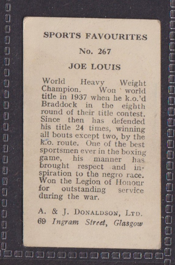 Trade card, Donaldson's Sports Favourites, type card no.267 Joe Louis ...