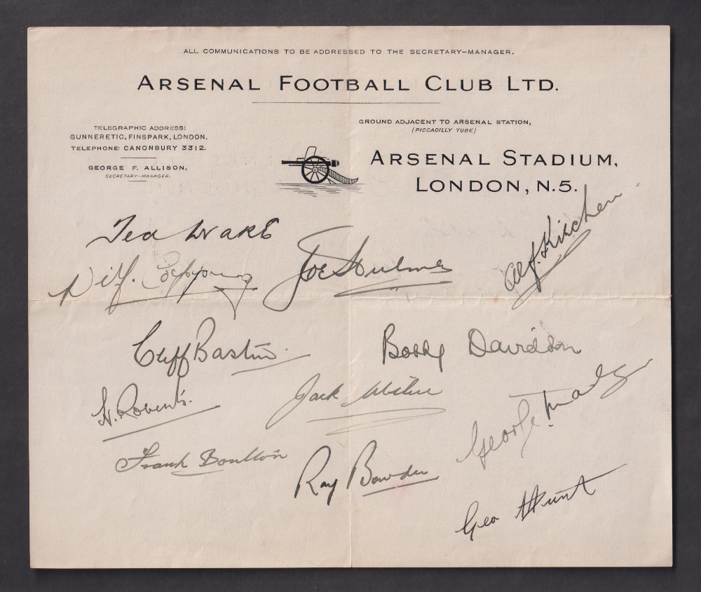 Football autographs, Arsenal F.C., 12 original ink signatures on ...