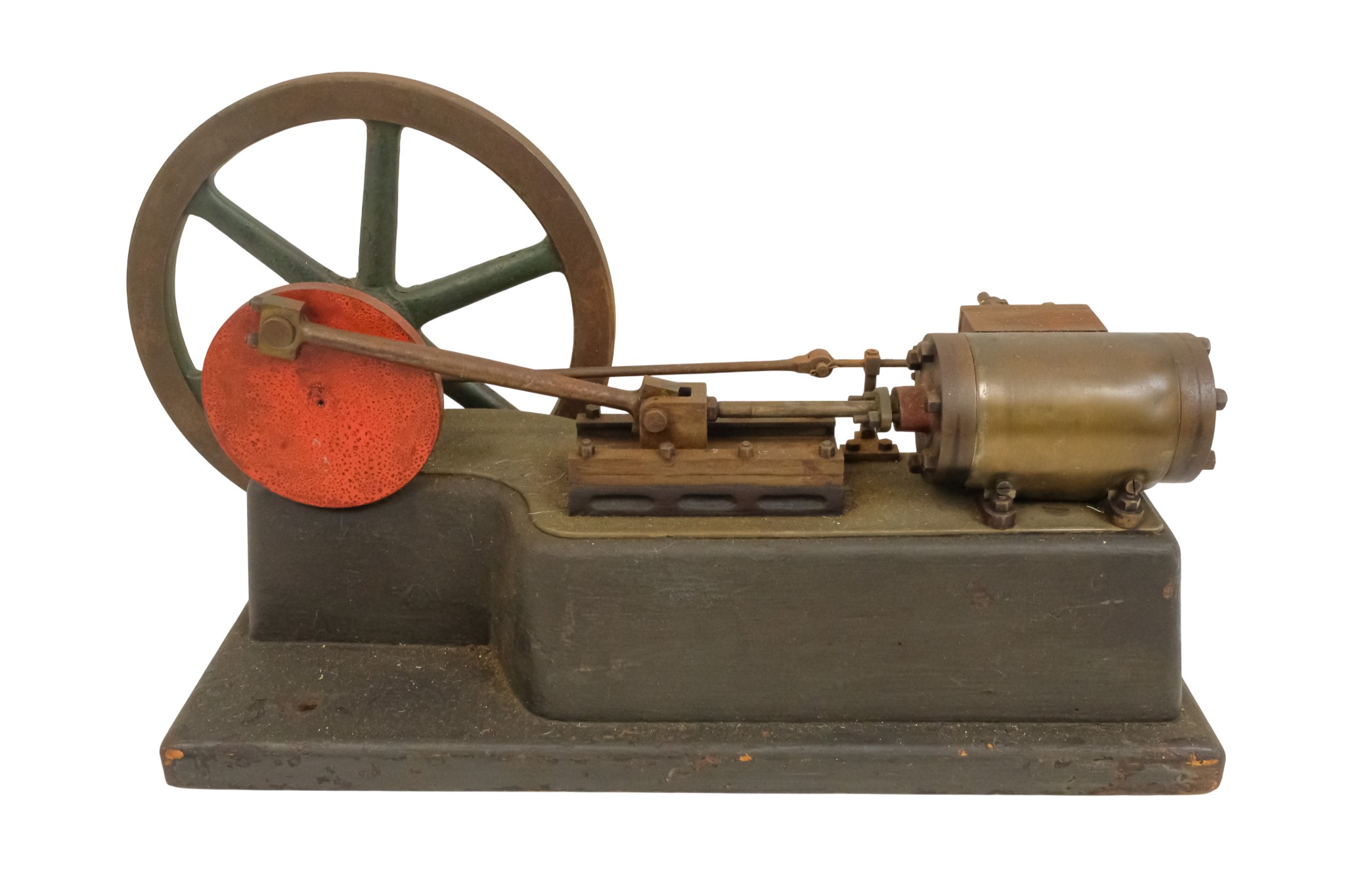 An early 20th century horizontal steam engine - with green and red ...