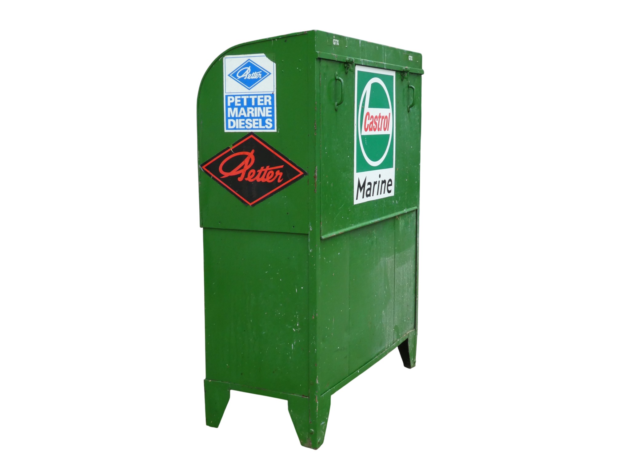 A vintage commercial Castrol Marine dispensing station - the green branded rectangular cabinet wi
